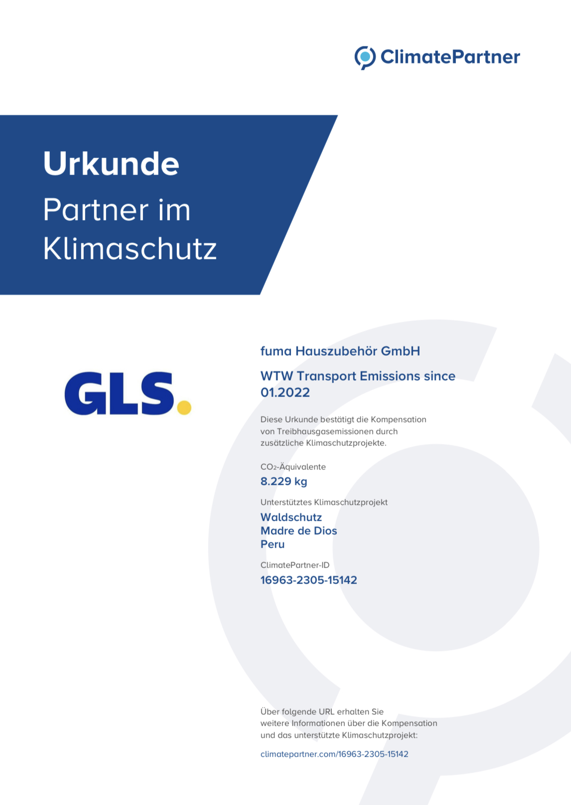 FUMA ist Climate Partner bei GLS - Zertifikat 2022 - FUMA Hauszubehör GmbH